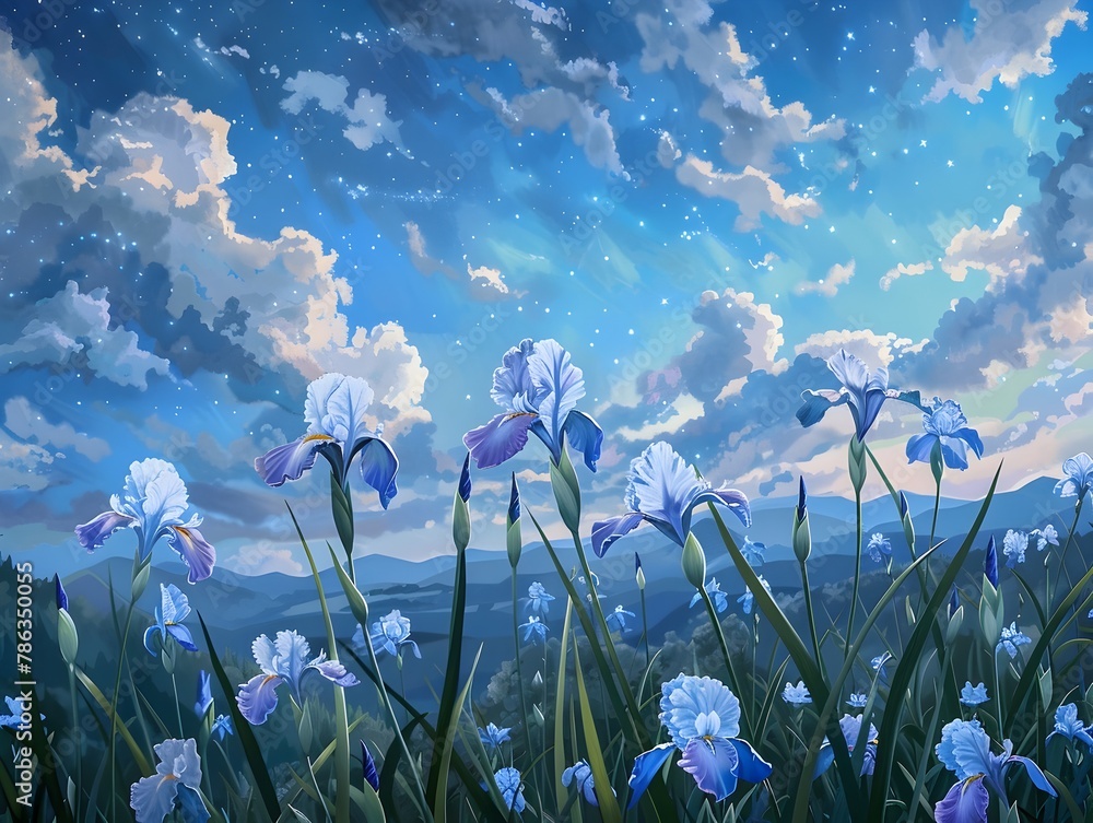 Radiant Iris Blooms in a Celestial Meadow Under a Dreamlike Sky with ...