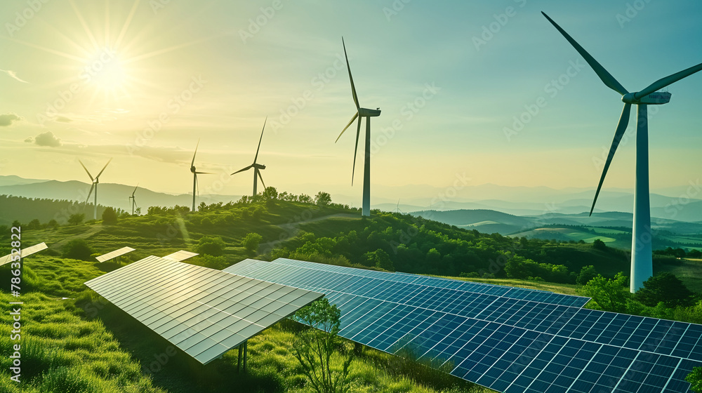 Landscape featuring wind turbines and solar panels, symbolizing the ...