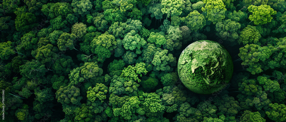 Earth Day. World Environment Day. Aerial top view of green forest and ...