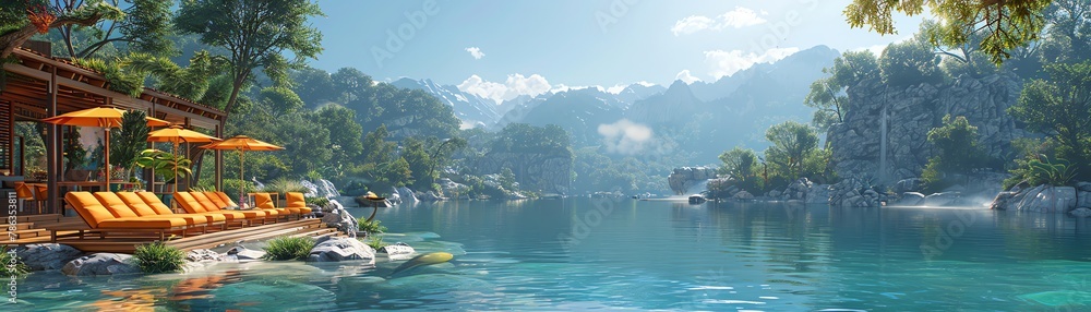 3D visualization of a cartoon outdoor classroom by a lake, where kids ... 3D visualization of a cartoon outdoor classroom by a lake, where kids ...