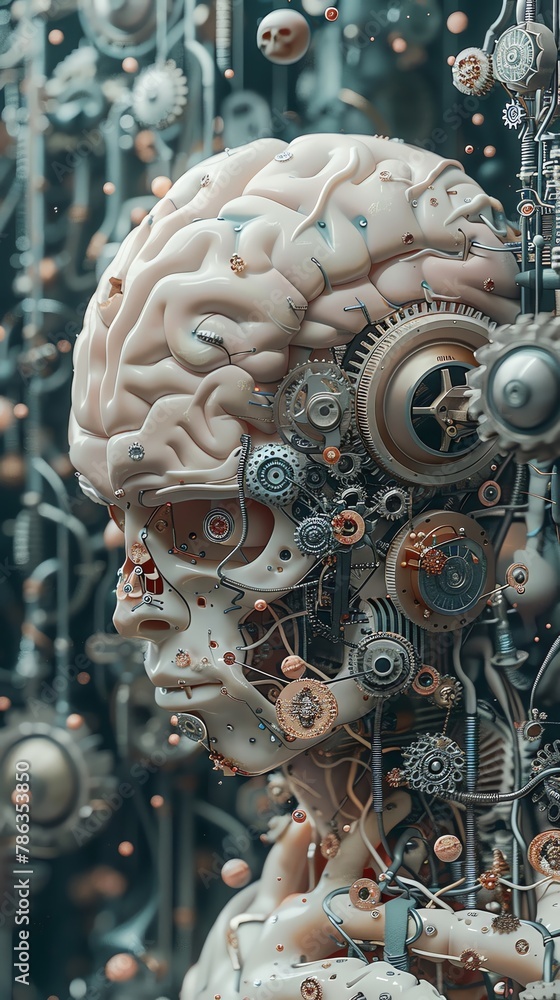 Artistic 3D depiction of a brain fused with intricate cogs, showcasing ...
