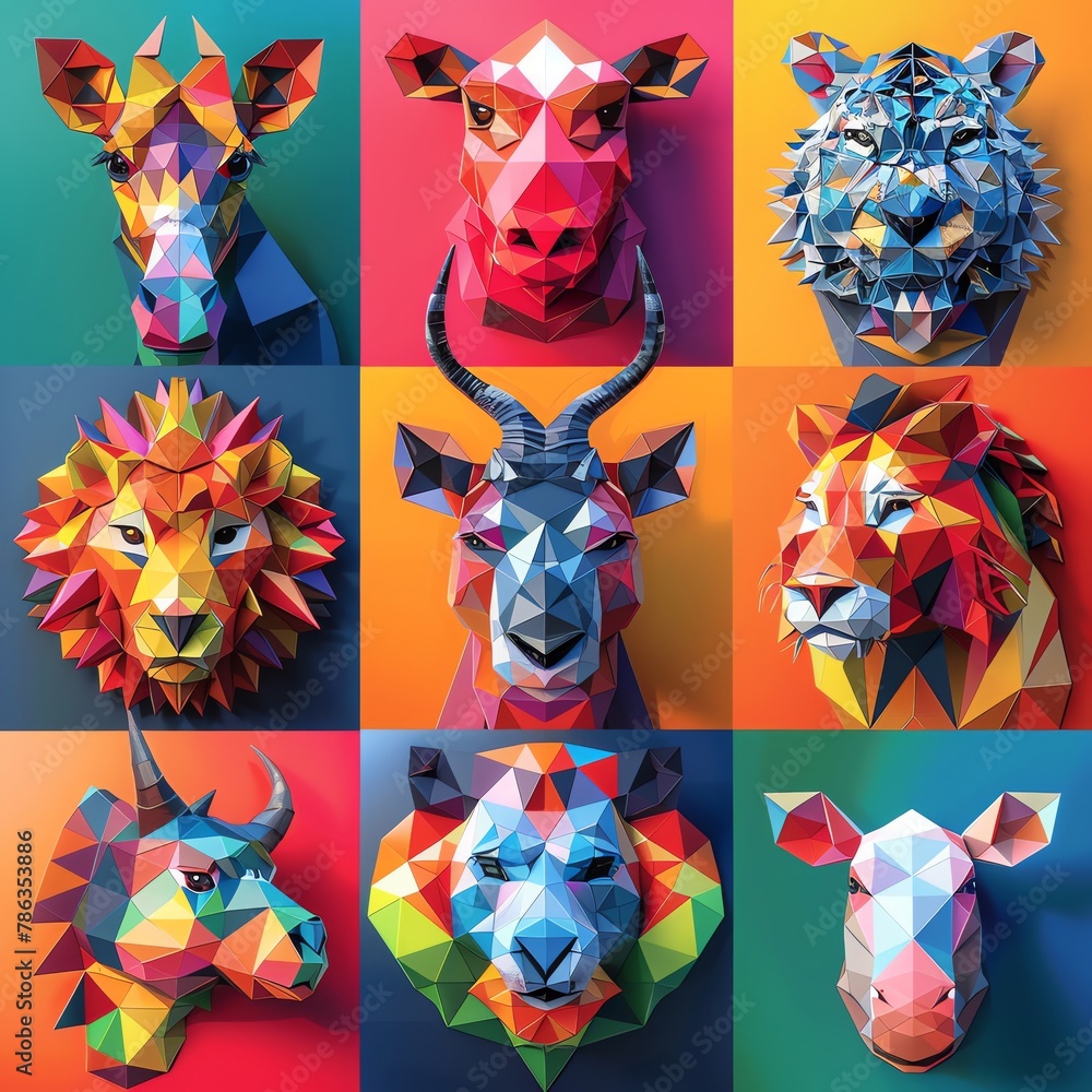 Collection of 3D low-poly animals, each featuring unique geometric ...