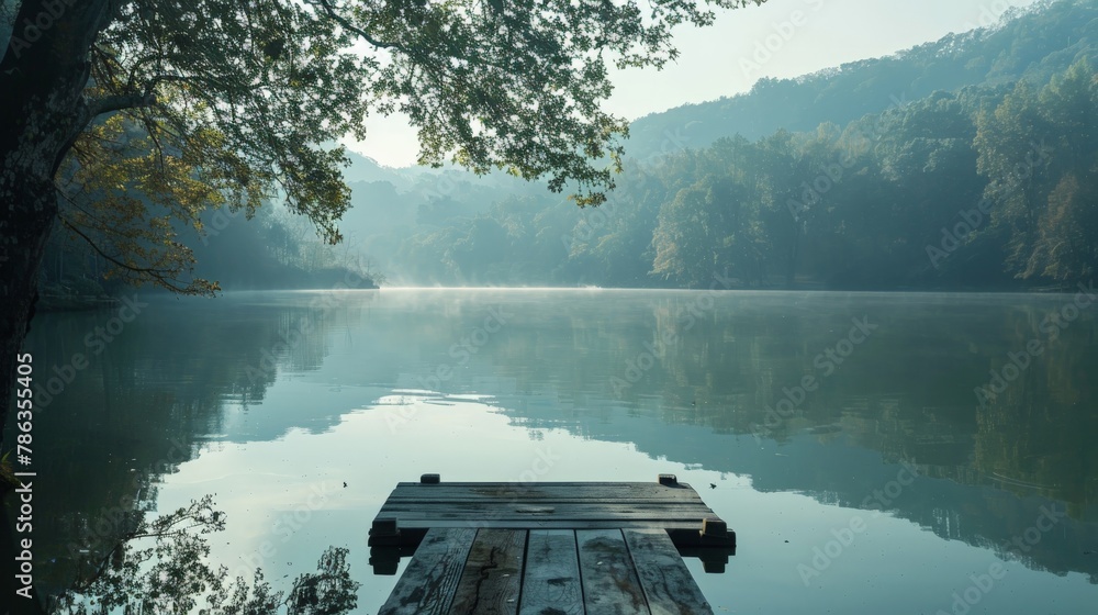 A quiet moment of deep breathing exercises by a serene lake, the still ...