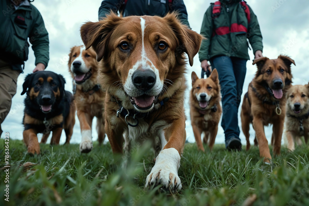 Group of rescue dogs with their handlers arriving for a search and ...