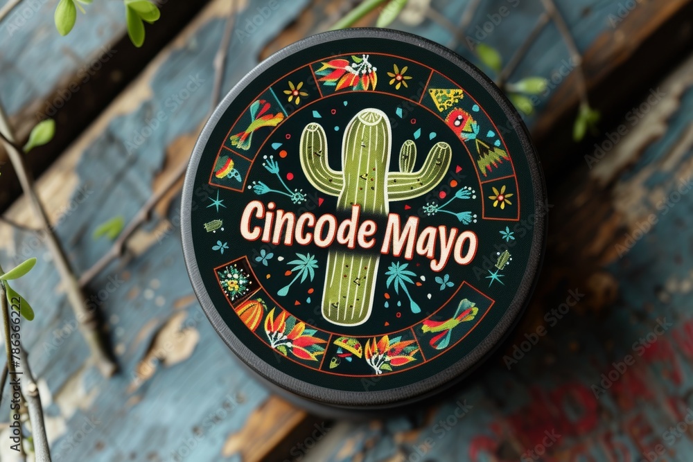 Cinco de Mayo sticker with Mexican traditional patterns and text on a ...