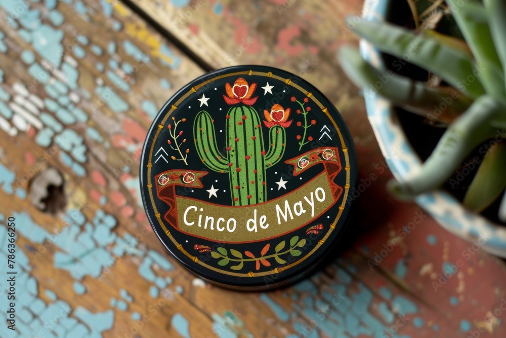 Cinco de Mayo sticker with Mexican traditional patterns and text on a ...