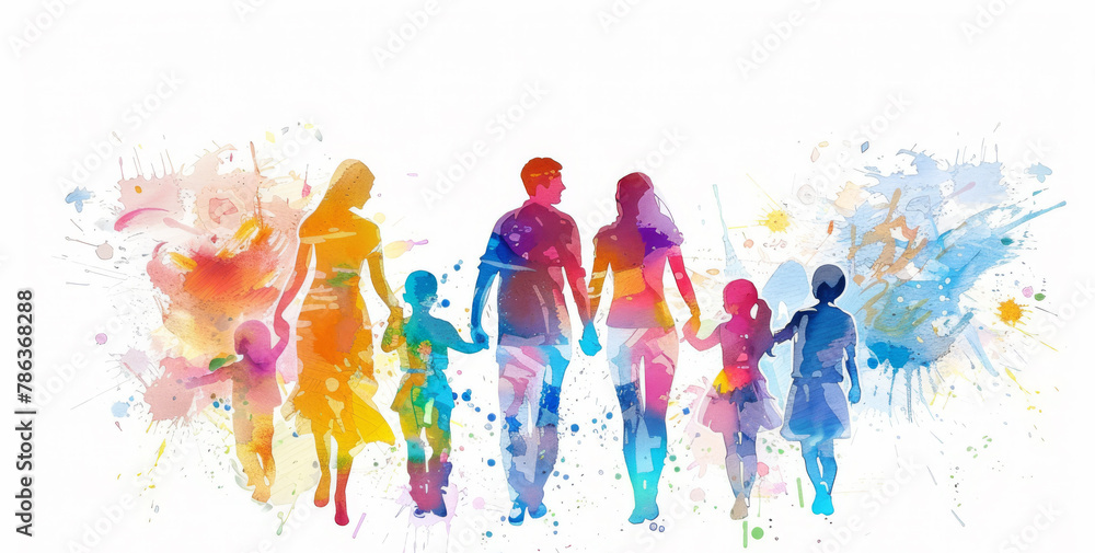 Watercolor illustrtation drawing of a family holding hands with ...