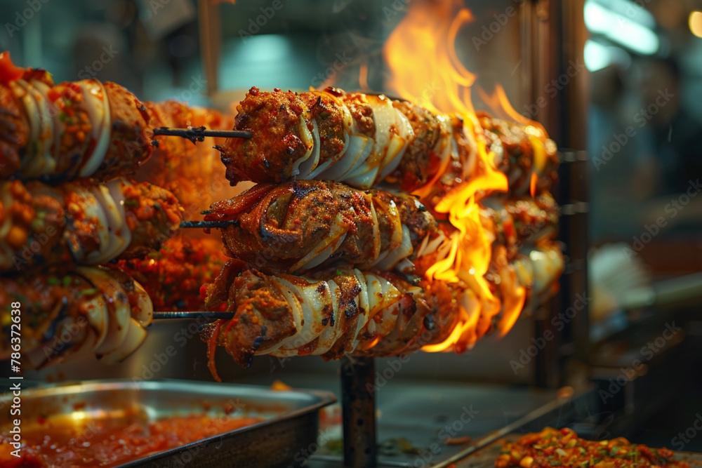 shawarma with fire flame , lamb on a spit. street food. Doner Kebab on ...