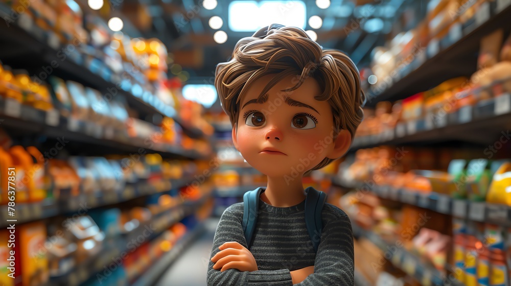 3D cartoon character lost in a large supermarket, humorous navigation ...
