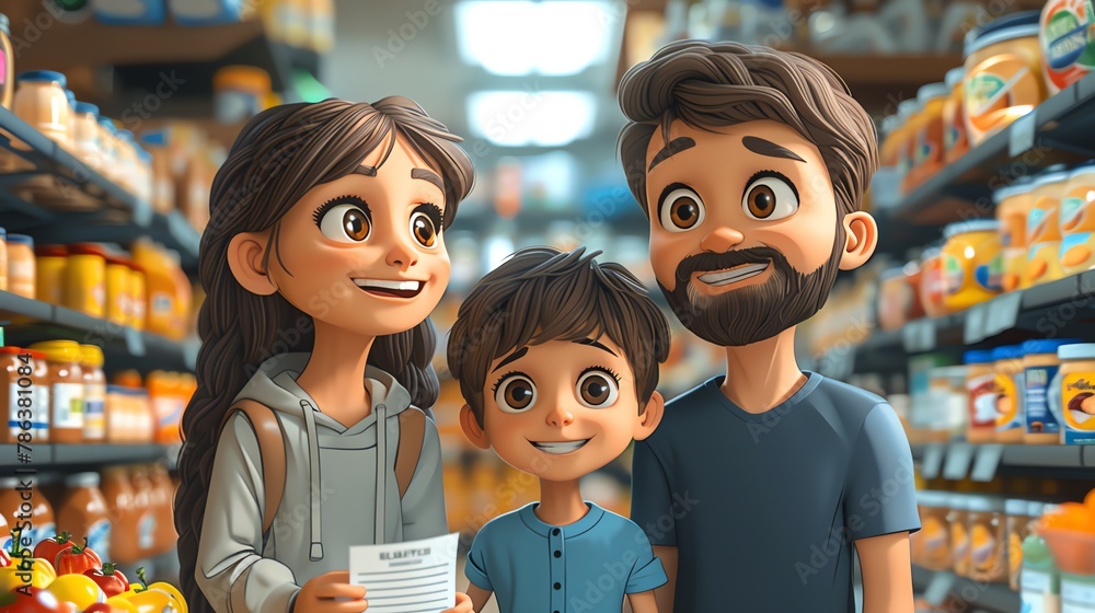 Cartoon family on a grocery scavenger hunt, kids with list checking off ...