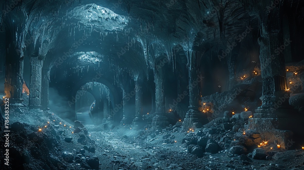 Dark cave with walls covered in ancient glowing symbols, mysterious and ...