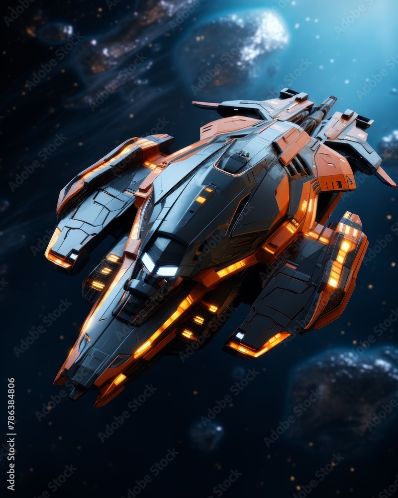 Spaceship, sleek design floating in zero gravity, demonstrating ...