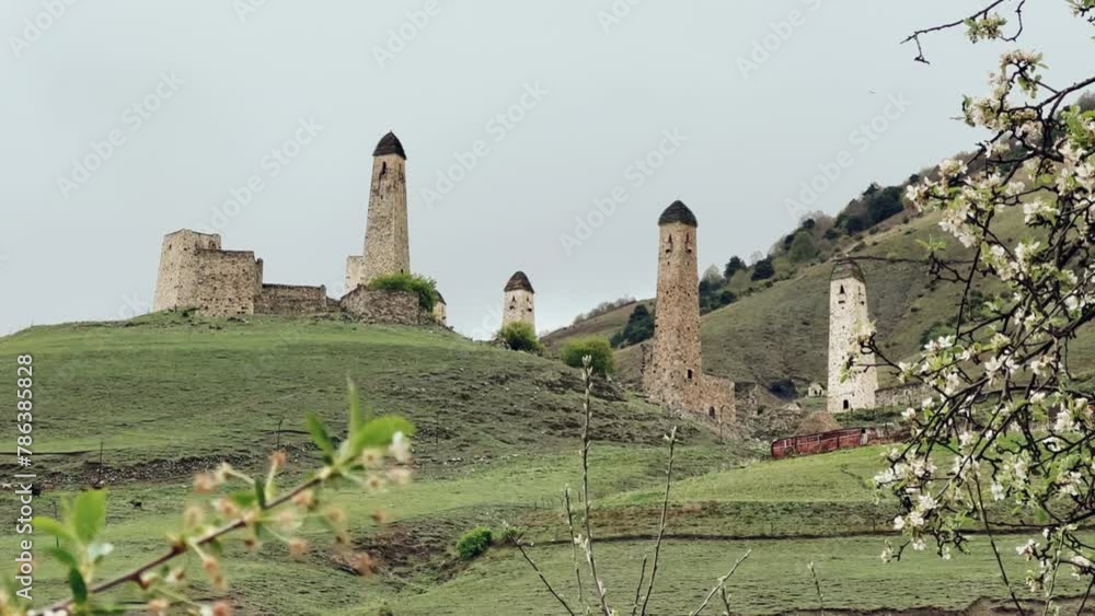The Erzi tower complex in cloudy weather in spring. Panoramic view of ...