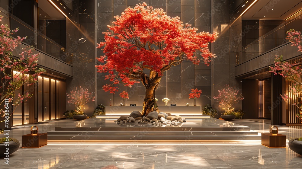 Luxury hotel lobby with grand 3D rendered artificial tree centerpiece ...