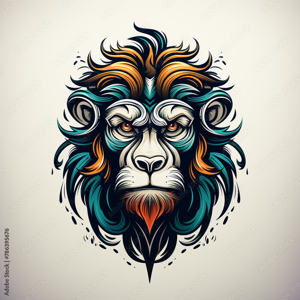 Geometric tattoo style, minimalistic continuous line design of monkey ...