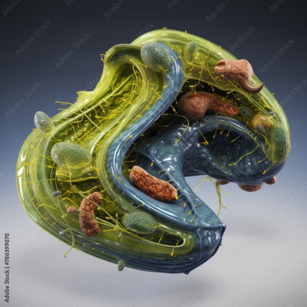 A 3D model of the human gallbladder and biliary system, highlighting ...