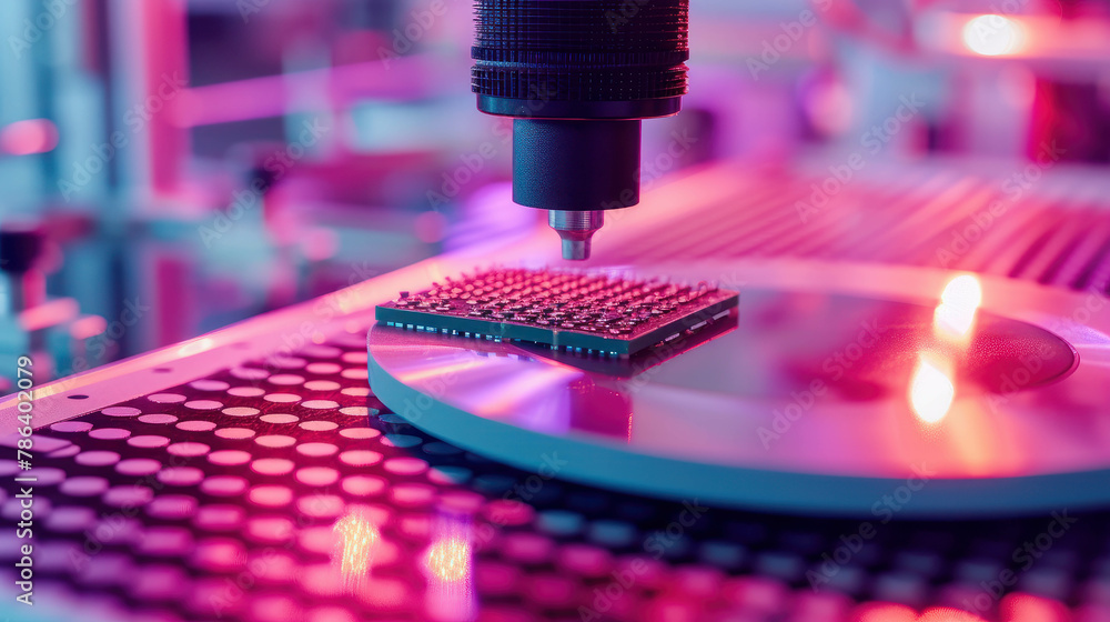 Close-up of Silicon Die extracted from Semiconductor Wafer, attached to Substrate by Pick and ...