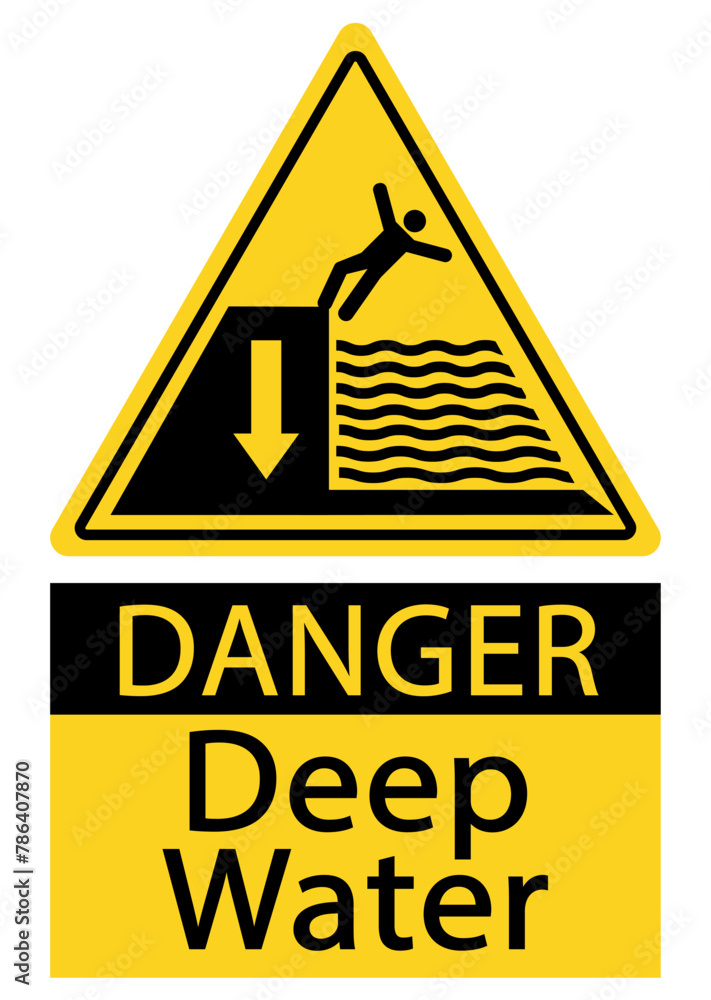 Danger deep water, yellow triangle sign with a person falling into deep ...
