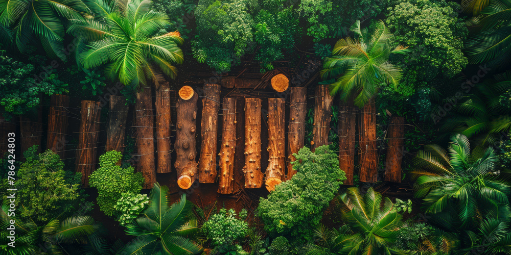 Aerial view of wooden logs stacked in the middle of rainforest, tree ...