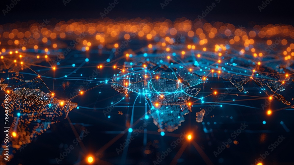 Global connectivity visualized on a digital world map, glowing ...