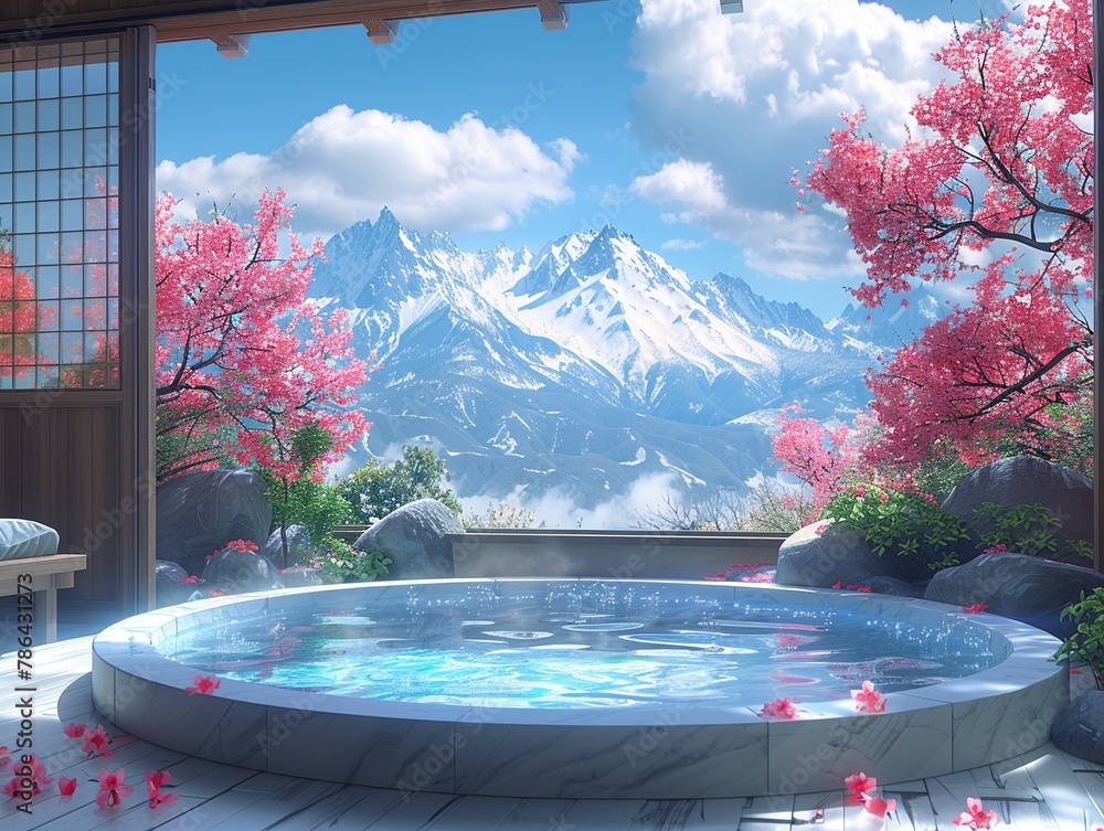3D cartoon depiction of a Japanese hot spring Onsen bath, snowy ...