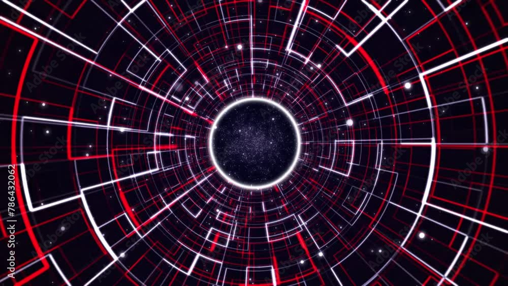 Abstract science fiction space tunnel of red and white glowing rays ...