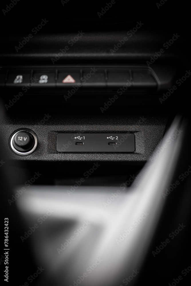 Two USB C ports on front panel in car. Car usb socket for charging and ...