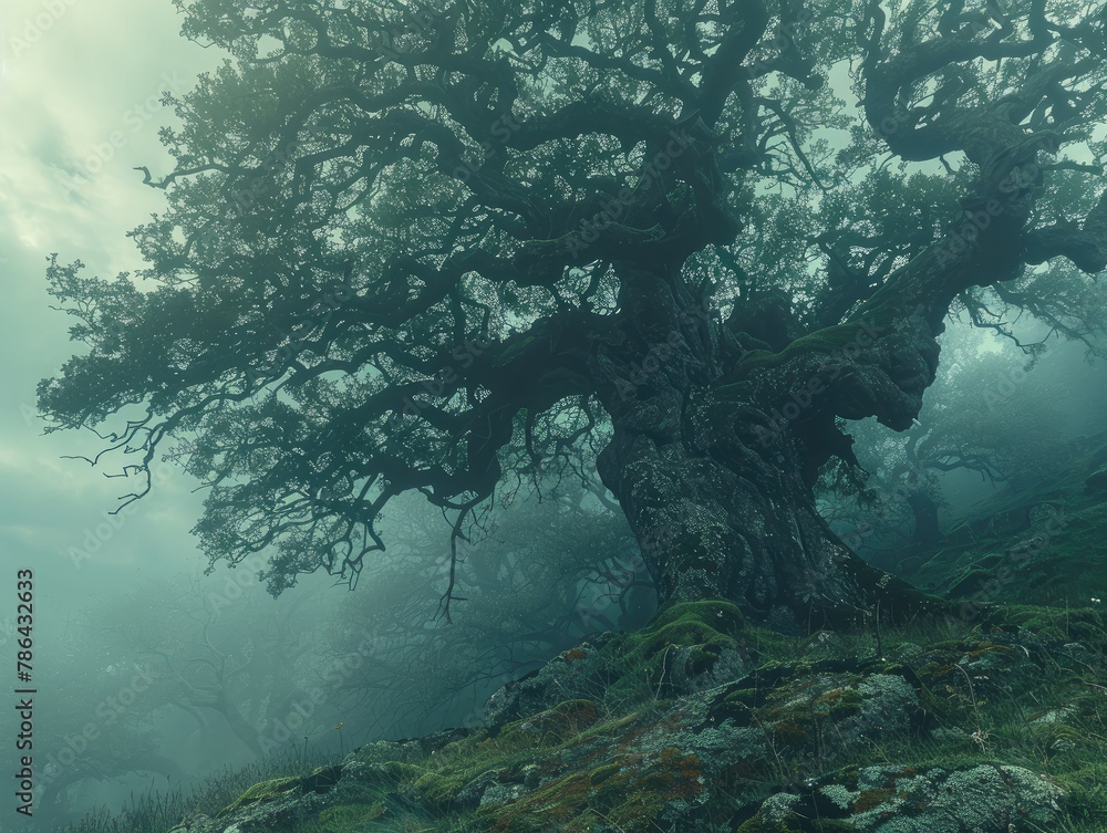A mystical forest shrouded in mist, with ancient trees looming tall and mysterious enchanted ...