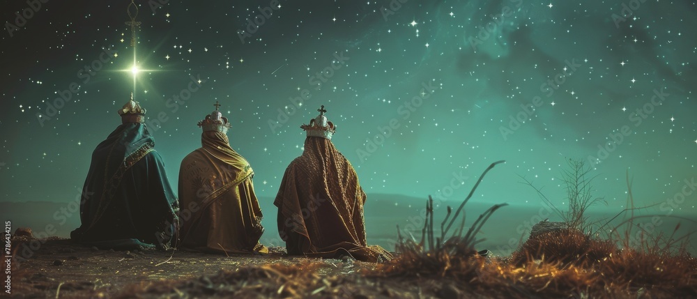 The three wise men are depicted against a star of cross, with a night ...