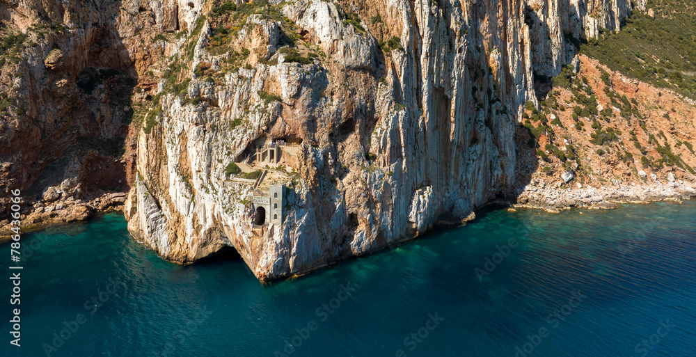 Aerial view of Porto Flavia located in Sardinia, Italy. It was a ...