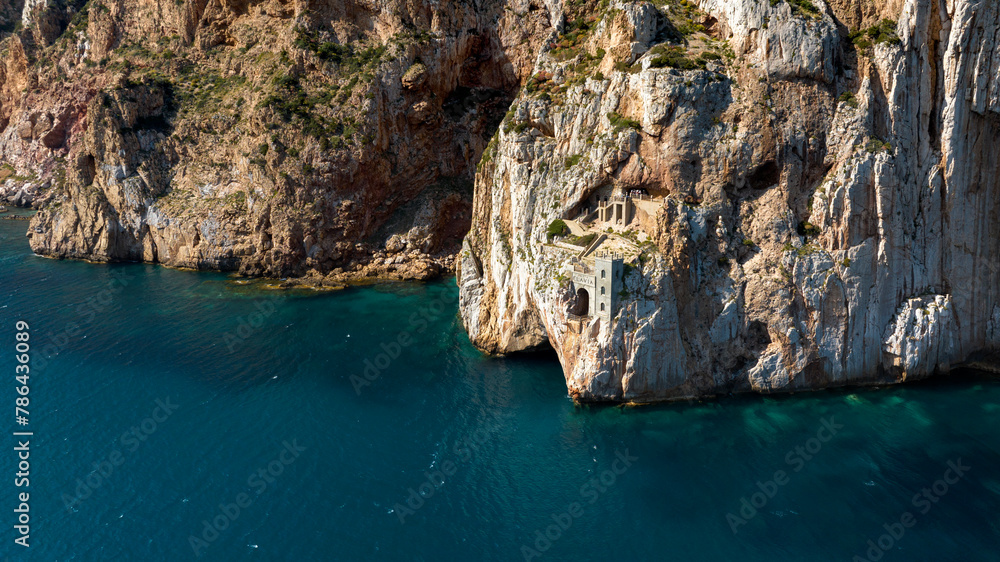 Aerial view of Porto Flavia located in Sardinia, Italy. It was a ...