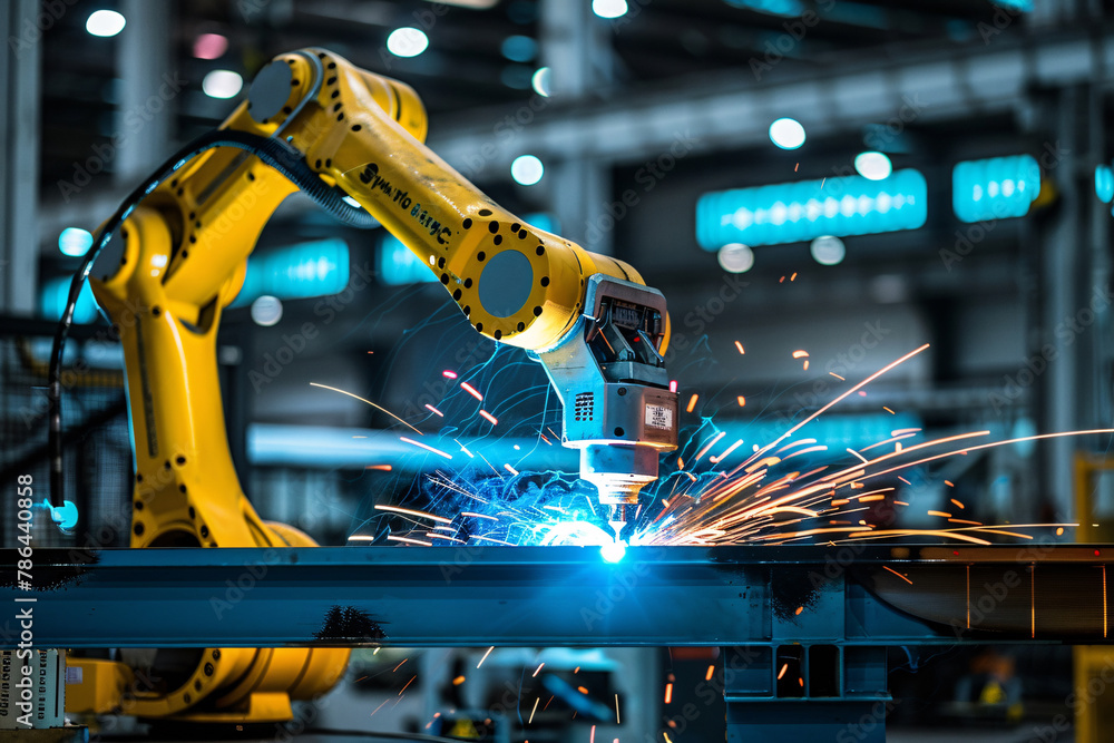 Industrial robot working on factory assembly line, 3D rendering of ...