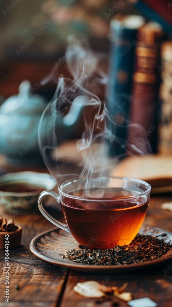 Ethereal steam rises from a cup of red tea beside a pile of books, set ...