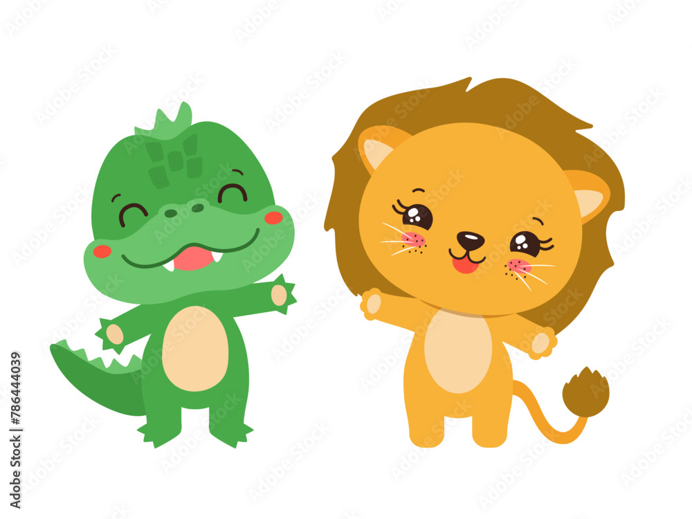 Vecteur Stock Kawaii crocodile and lion cute safari animals. Anime ...