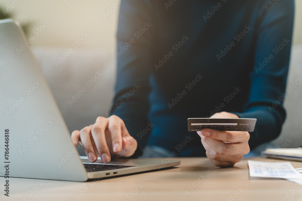 Internet banking, Online shopping at home, asian young woman hand in ...