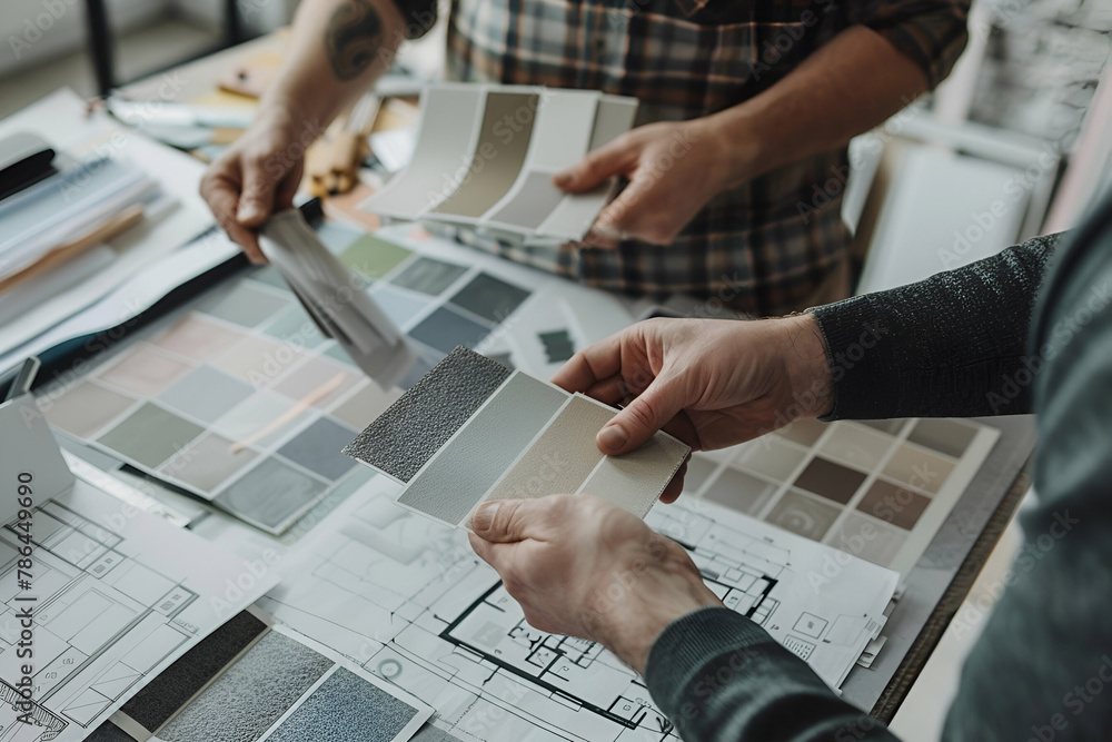 An interior designer and their client beside color swatches, discussing ...