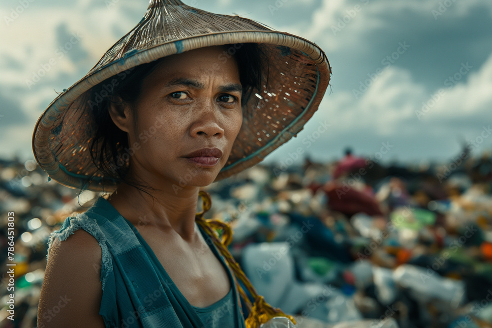 Portrait of a sad Asian Woman Amidst Waste at Landfill Site: Concept of ...