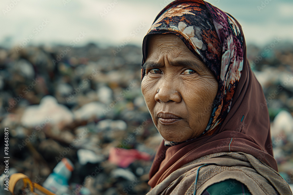Portrait of a sad Asian Woman Amidst Waste at Landfill Site: Concept of ...