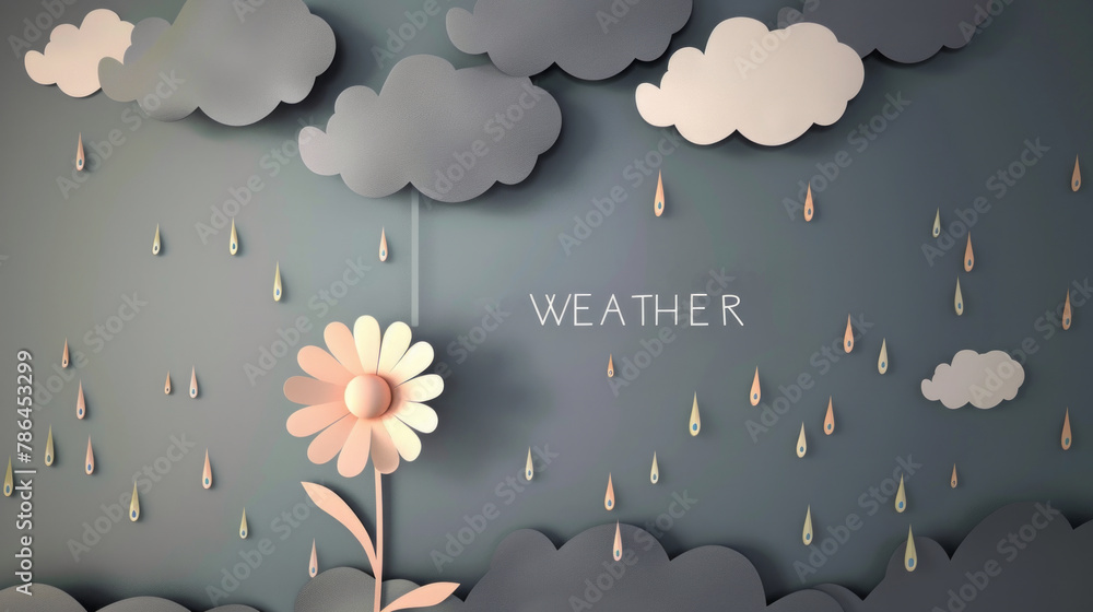 Cute Paper style illustration, small flower and dark gray clouds above ...