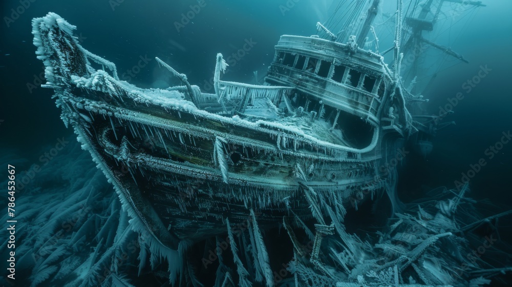 Old sunken ship submerged beneath icy waters, its decaying hull ...