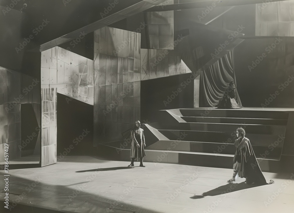 Black and white photo of an avant-garde 1920s stage set with brutalist ...