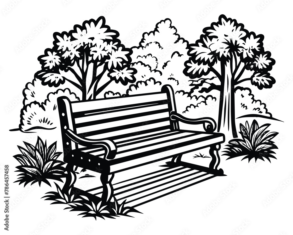 Realistic Bench Coloring Page In Park With Soft Color Blending vector ...