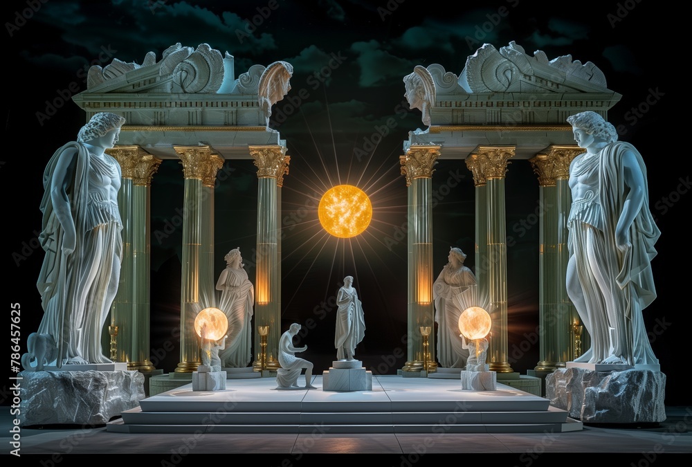 Avant-garde stage set with classical statuary and architectural ...