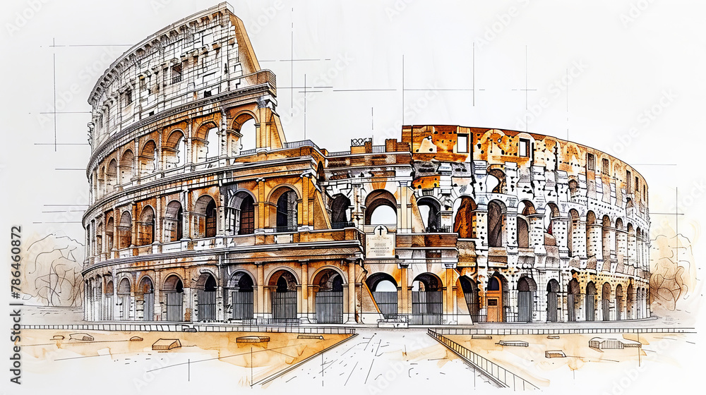 Postcard. An ink sketch of the ancient Roman Colosseum, showing its ...