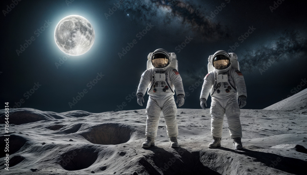 Two crew of astronauts in space suits looking at the Milky Way Galaxy ...