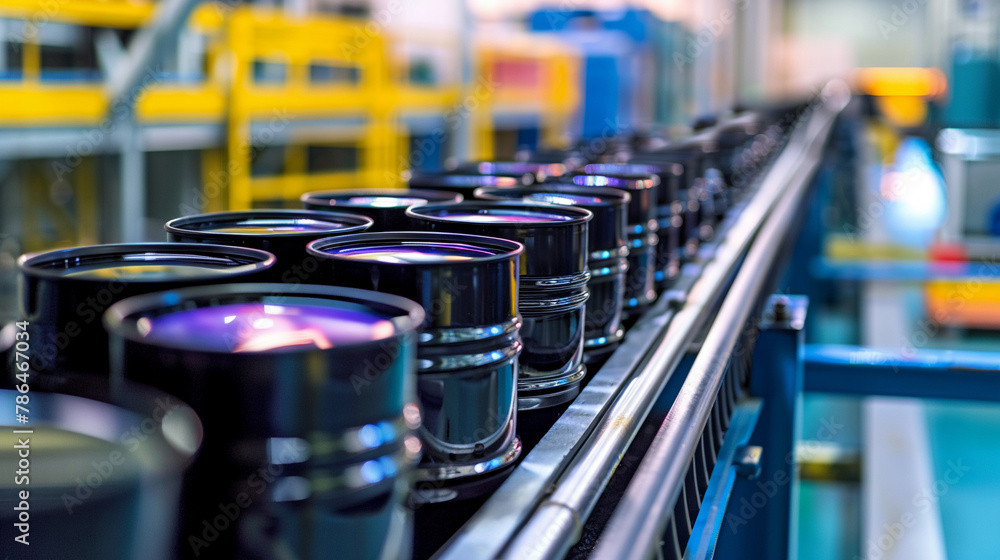 Precision focused image of solvent barrels on a conveyor showcasing the ...