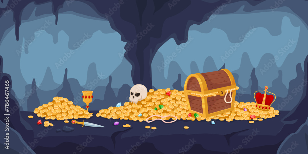 Cartoon cave with fabulous treasures. Wooden chest full of gold coins ...