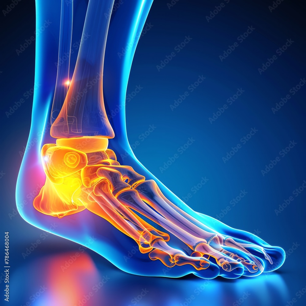 Profile of a human foot and ankle with pain indicators in orange for ...