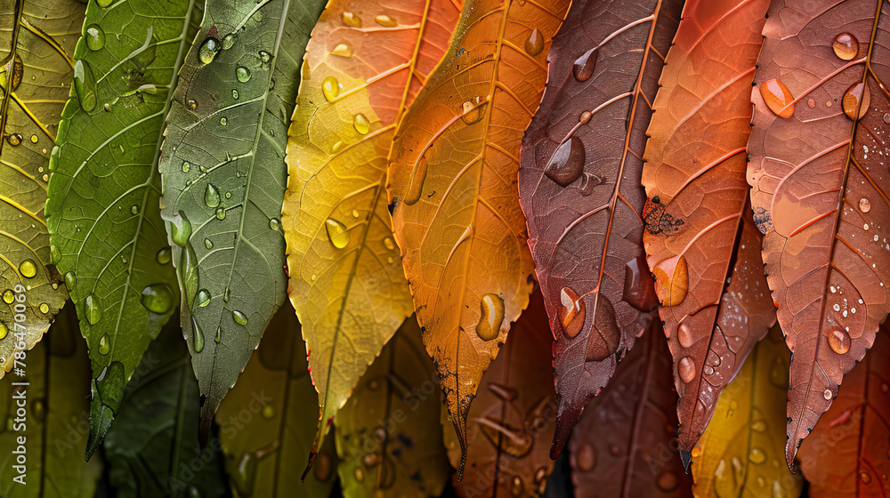 A series of leaves with water droplets on them, showing the colors of ...