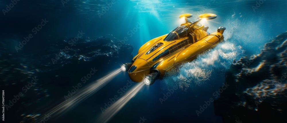A highly advanced, yellow submersible craft with multiple propulsion ...